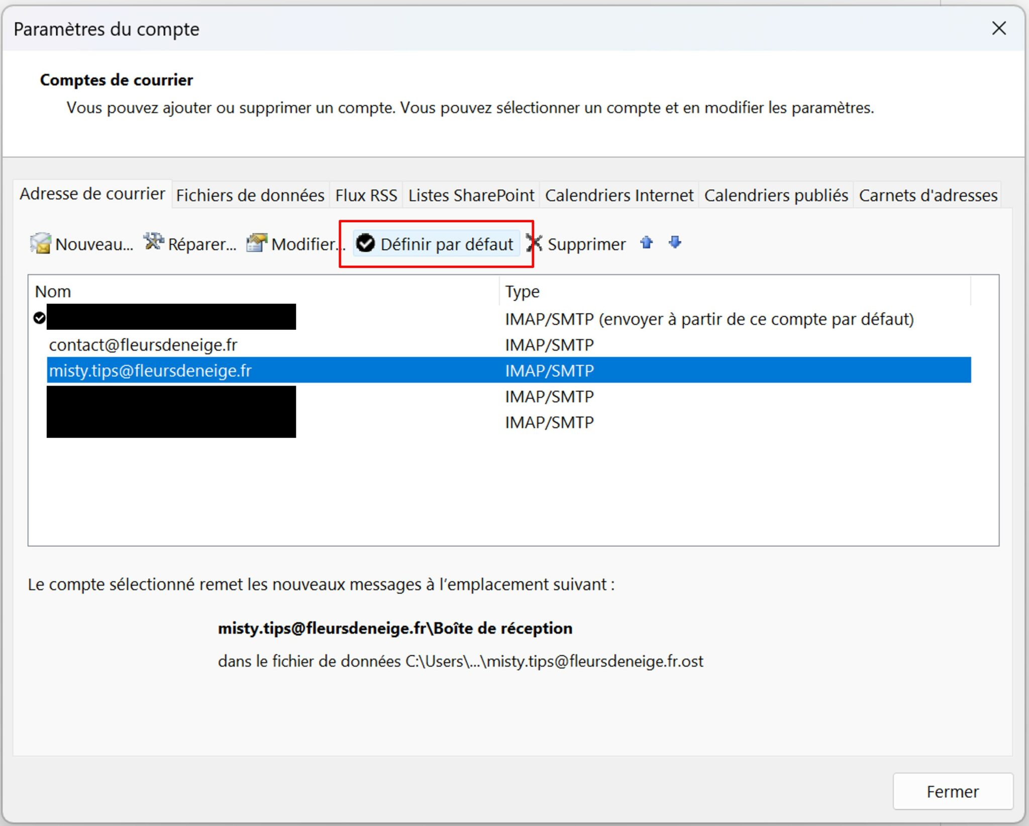 Outlook : Configurer le compte par défaut - Misty'tips